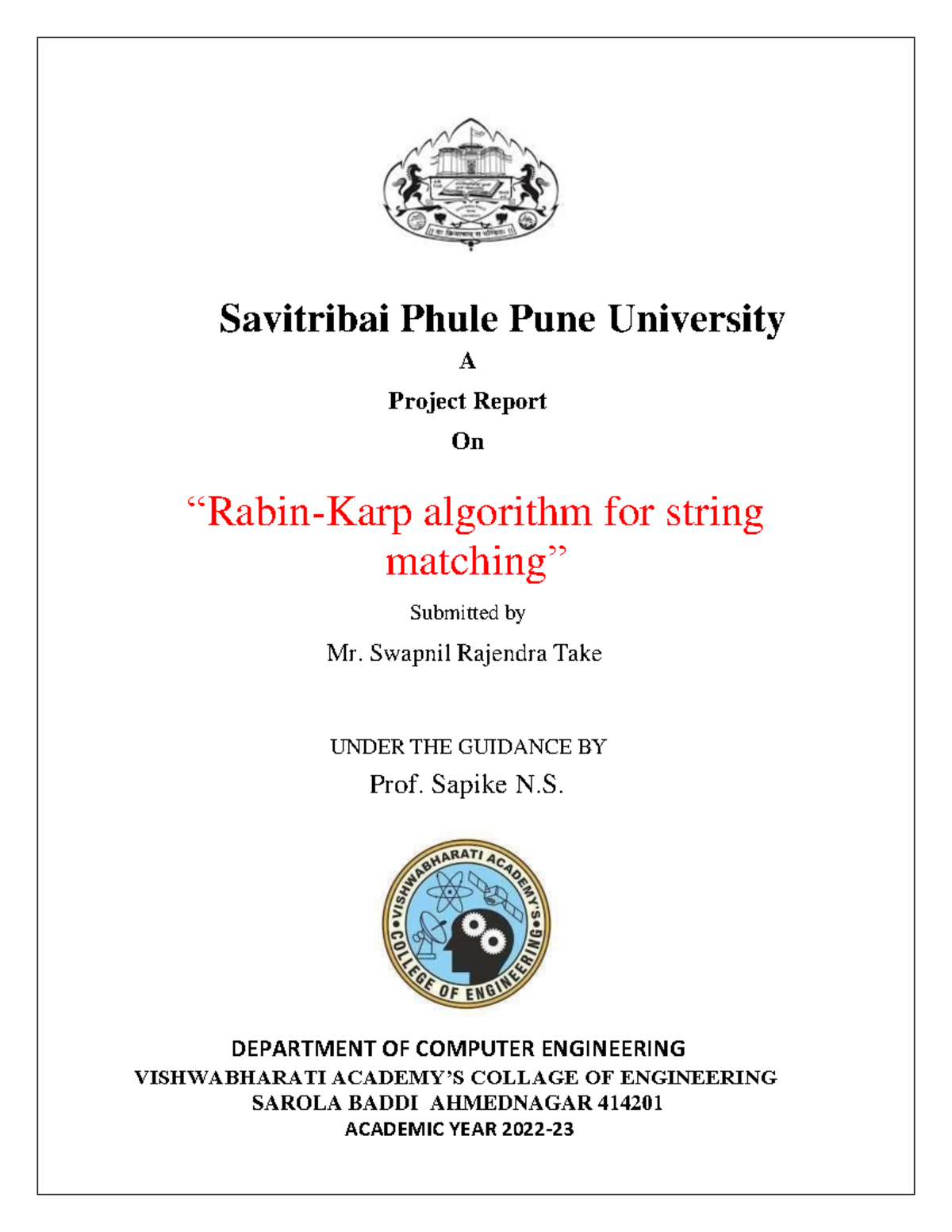 Daa Final Report - sadada - Savitribai Phule Pune University A Project Report On “Rabin-Karp ...