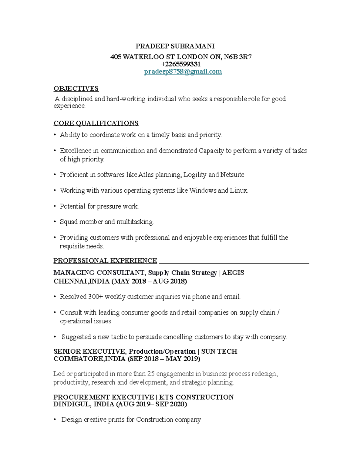 Pradeep Resume - AS it is mentioned check it please - PRADEEP SUBRAMANI ...