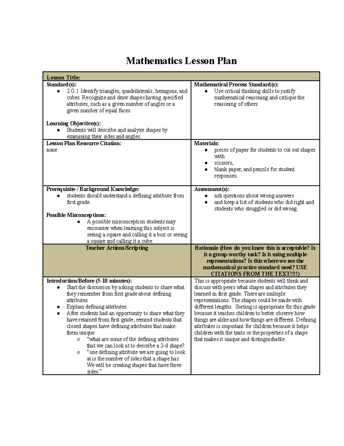 Mathematics Methods Lesson Plan EDU 216-Annabelle Hooper - Mathematics ...