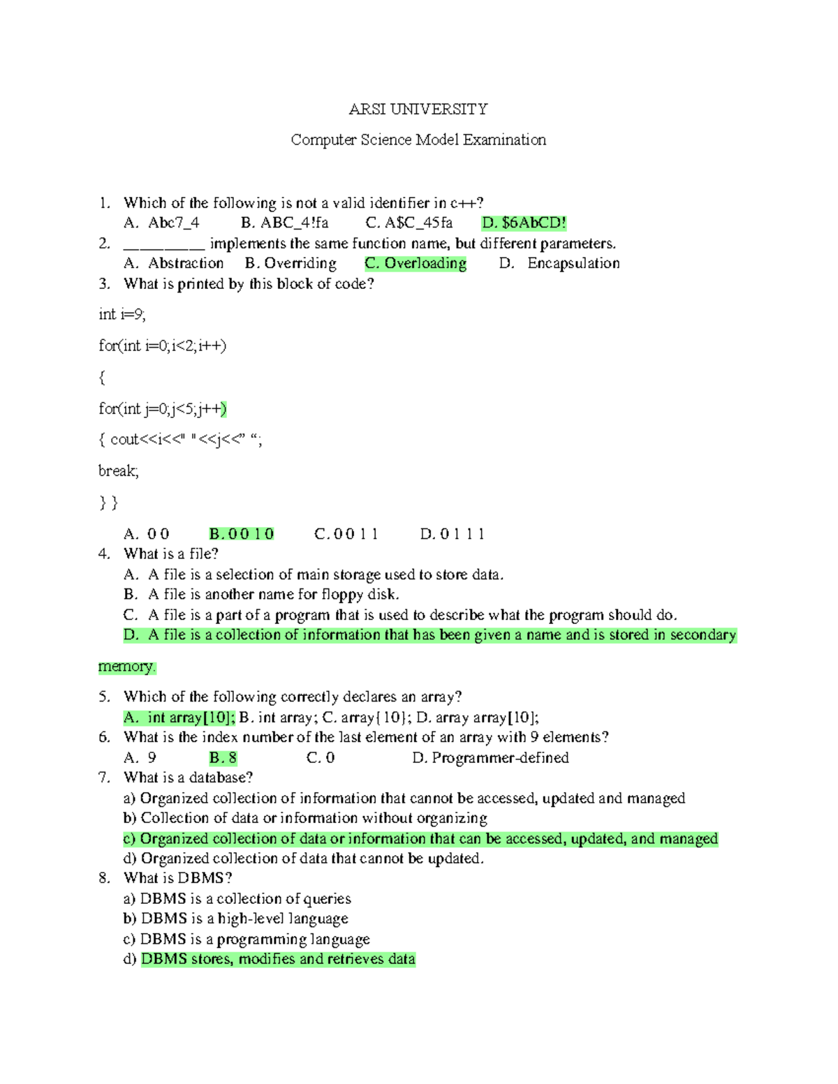 Arsi U CS Model E Answer - exit exam arsi university - ARSI UNIVERSITY ...