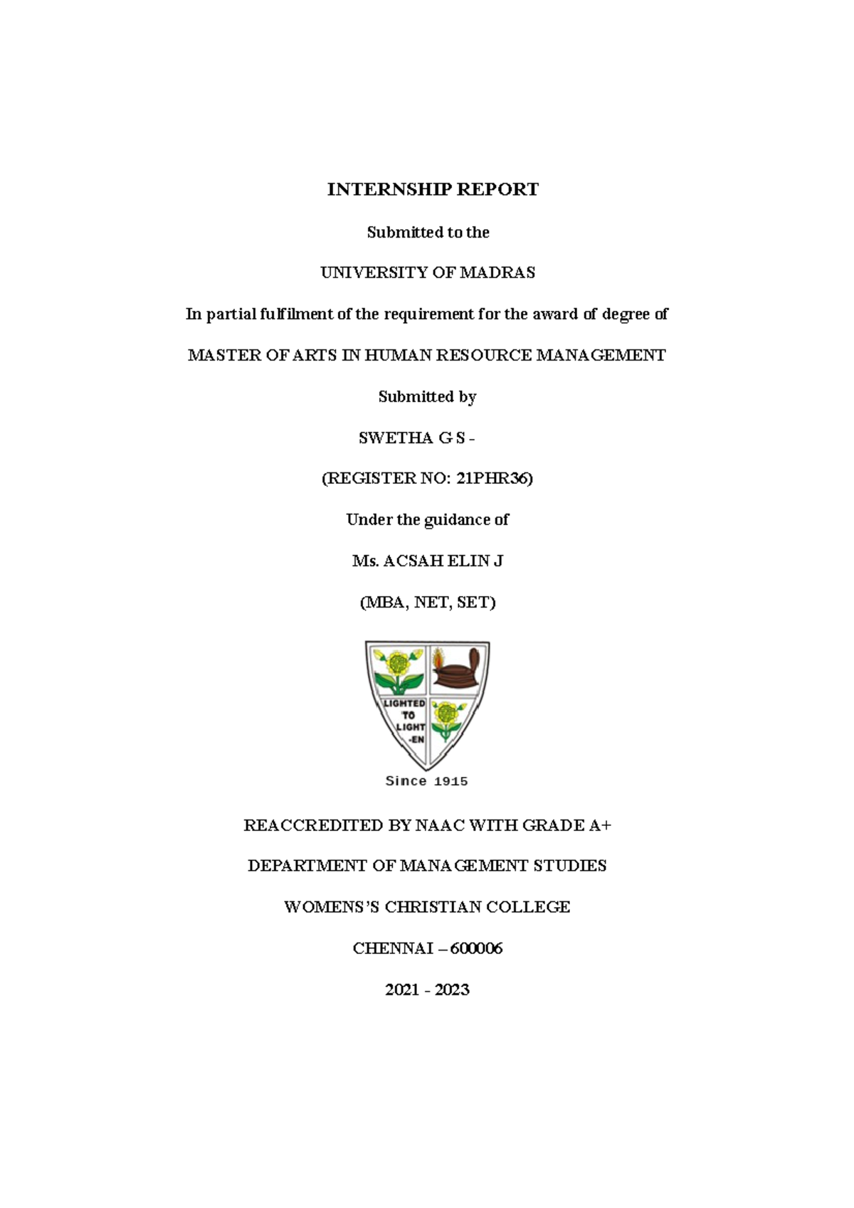 Internship Front PAGE - is its nsfst - INTERNSHIP REPORT Submitted to ...