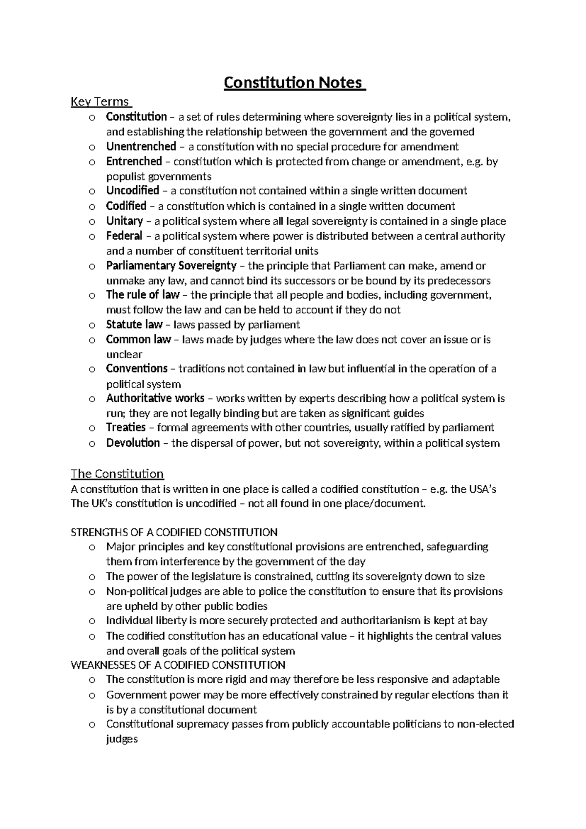 Constitution Notes - Constitution Notes Key Terms o Constitution – a ...