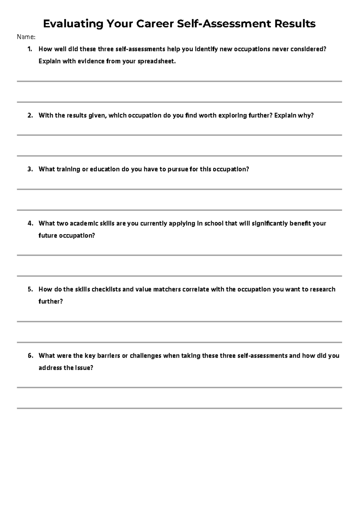 Copy of Evaluating Your Self-Assessment Career Results - Evaluating ...