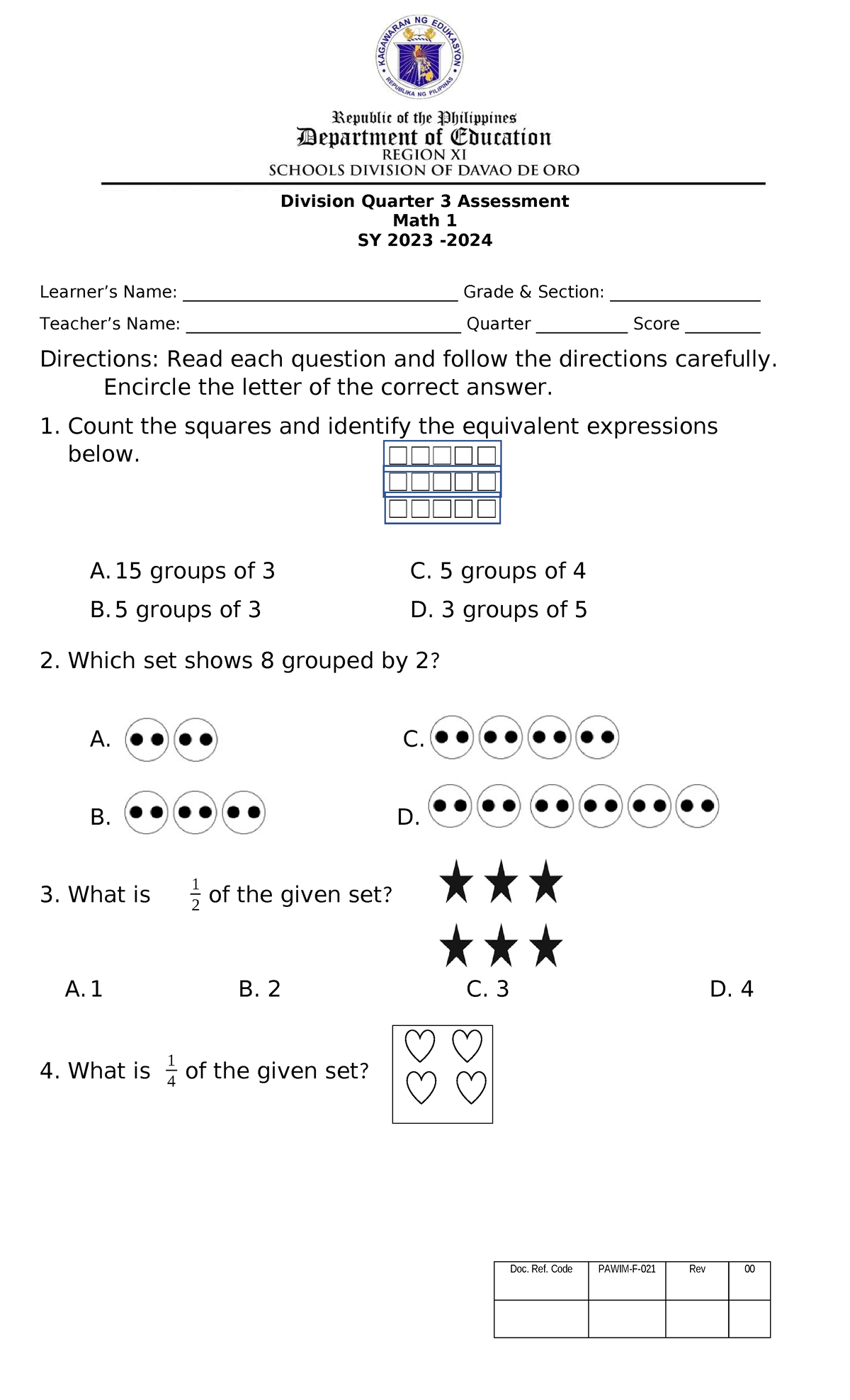 MATH 1 - Division Quarter 3 Assessment Math 1 SY 2023 - Learner’s Name ...