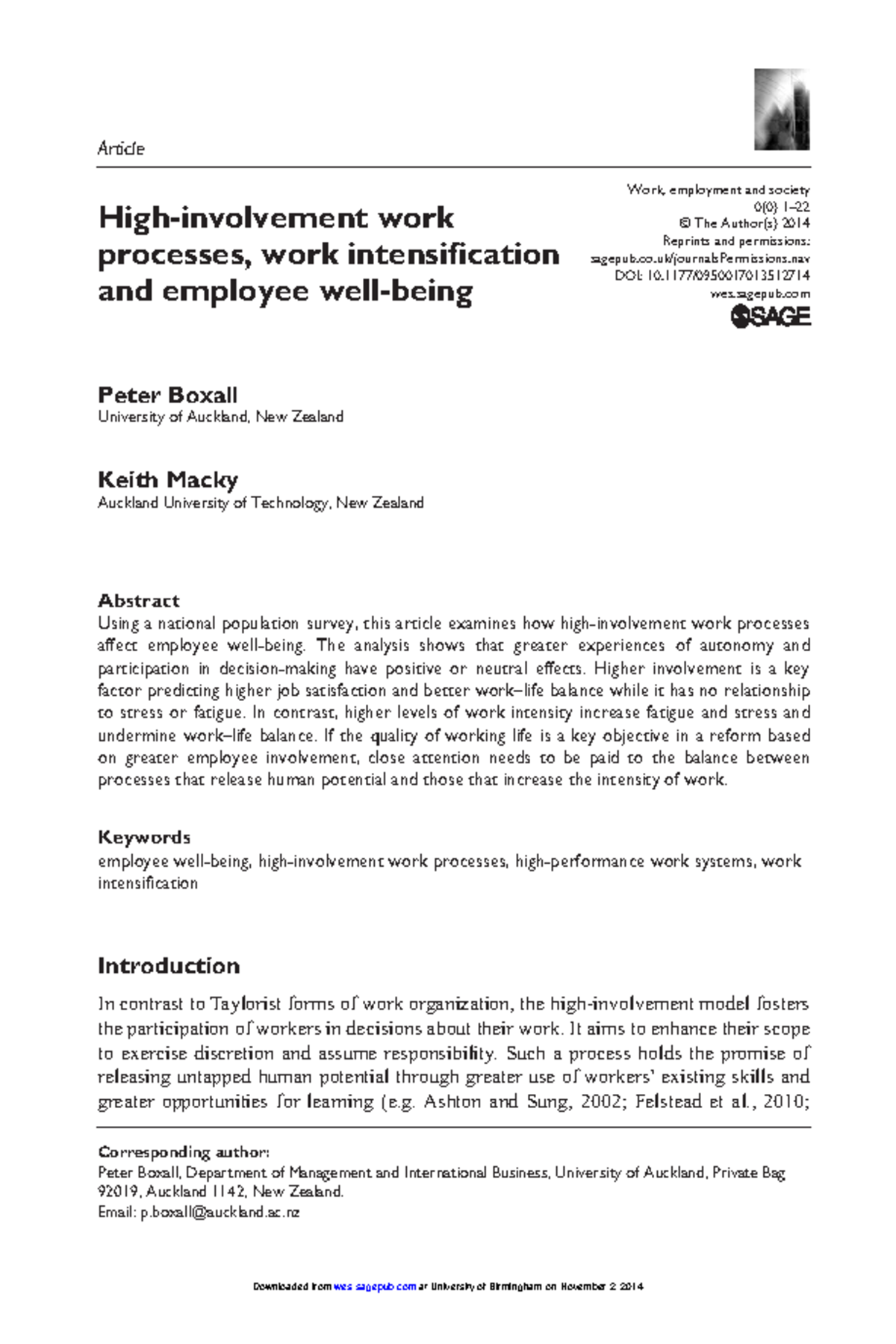 Boxall-2014-High-involvement work processes, work intensification and employee well-being - Work ...