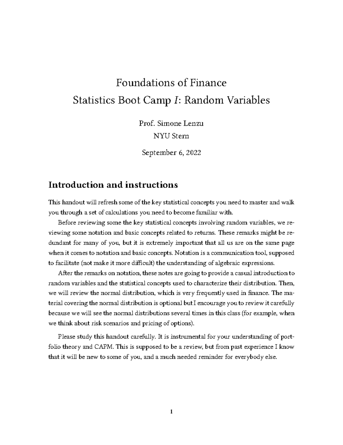 Statistics Review 1 - Foundations of Finance Statistics Boot Camp 𝐼 : Random Variables Prof ...