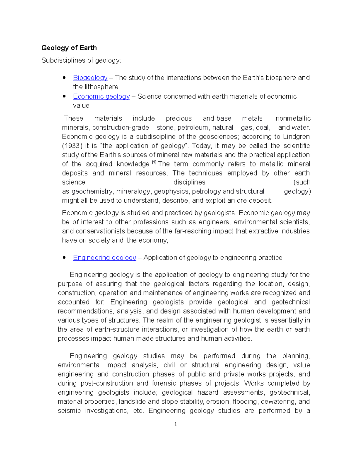 Lecture Notes 7 Module 1 - Geology of Earth Subdisciplines of geology ...