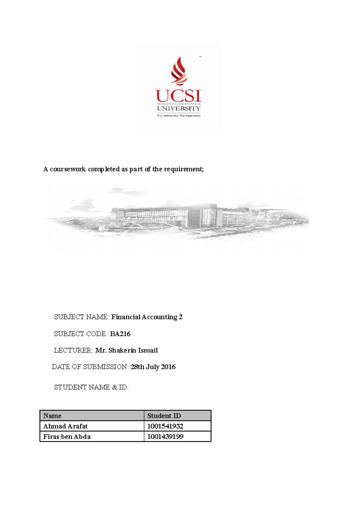 Fa2 - Group assignment - A coursework completed as part of the requirement; SUBJECT NAME ...