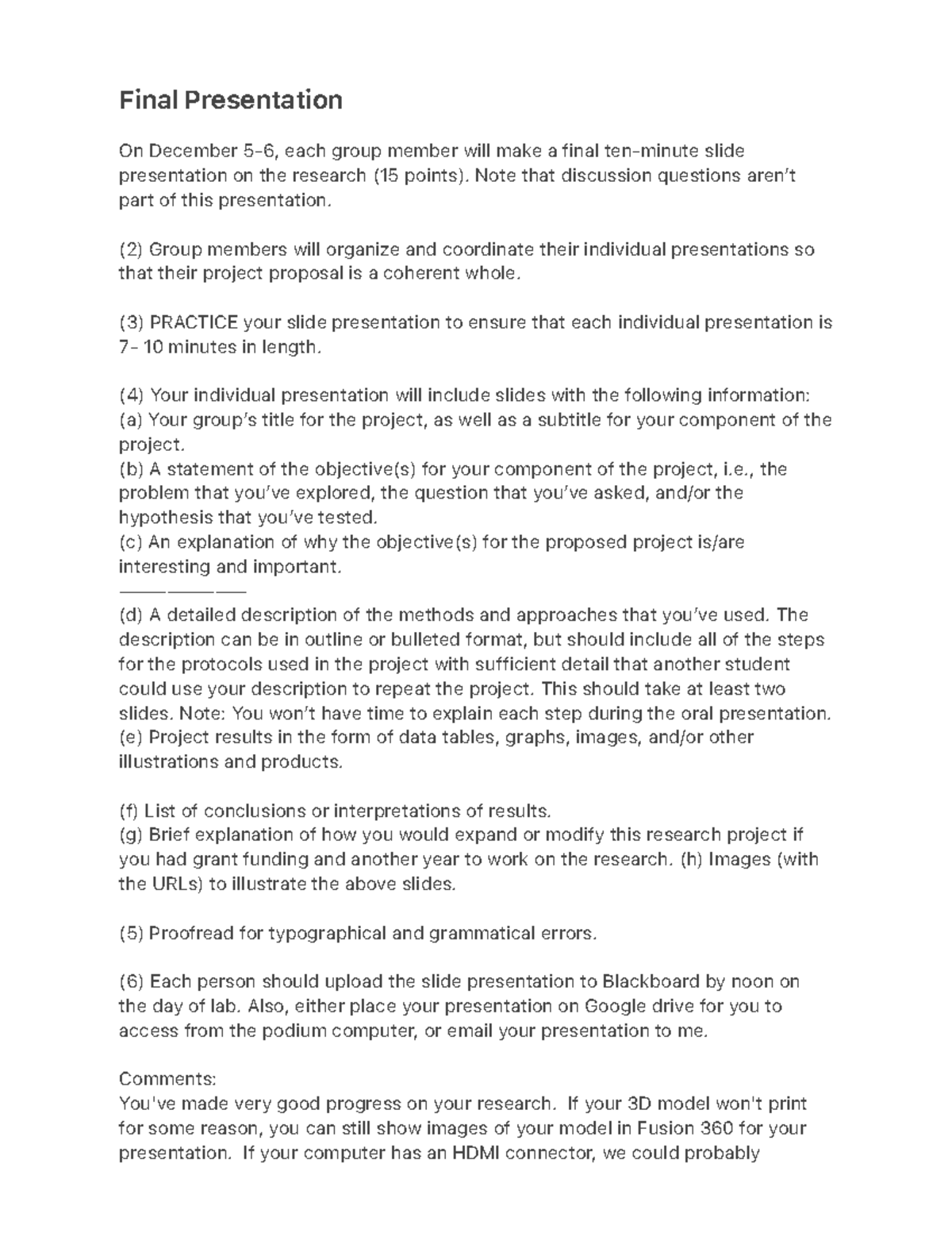 Final Presentation - Note that discussion questions aren’t part of this ...