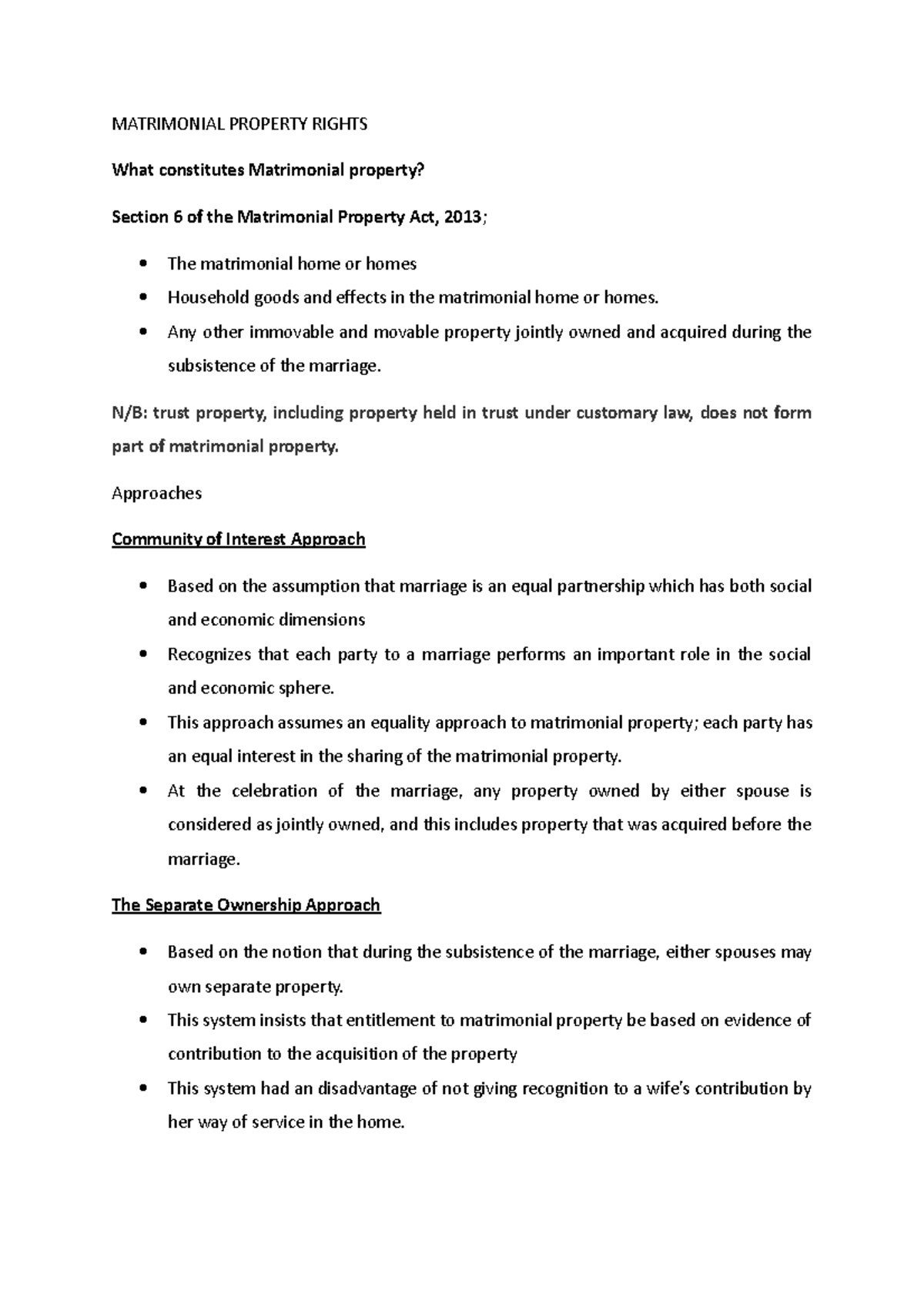 Class 7 - Notes on family law - MATRIMONIAL PROPERTY RIGHTS What ...