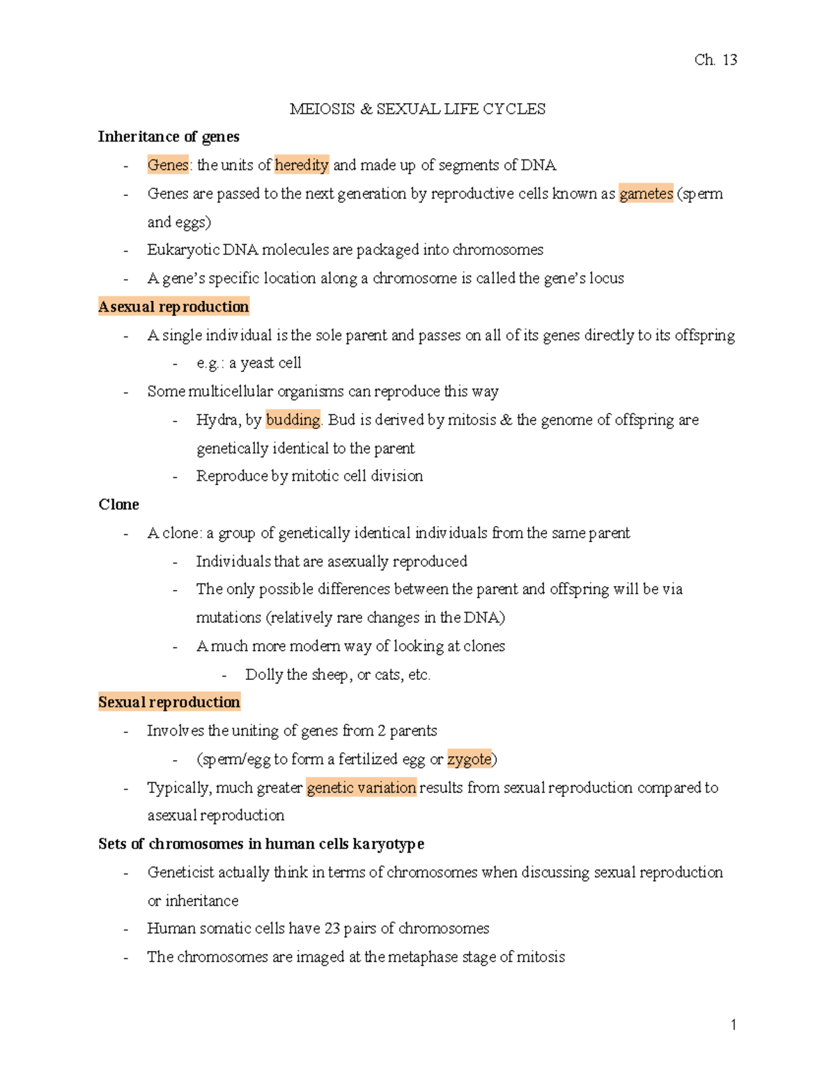 Chapter 13 - notes about the cell - MEIOSIS & SEXUAL LIFE CYCLES ...