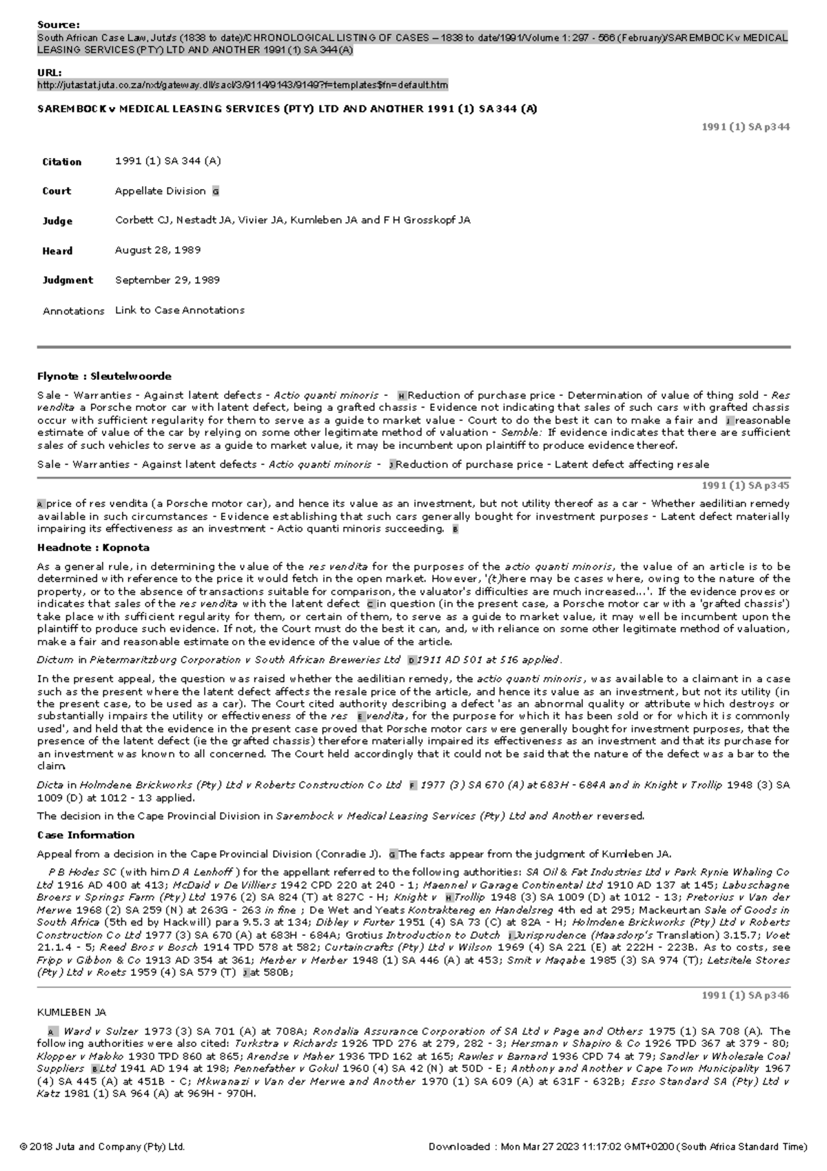 Sarembock v Medical Leasing Services (PTY) LTD AND Another 1991 (1) SA ...
