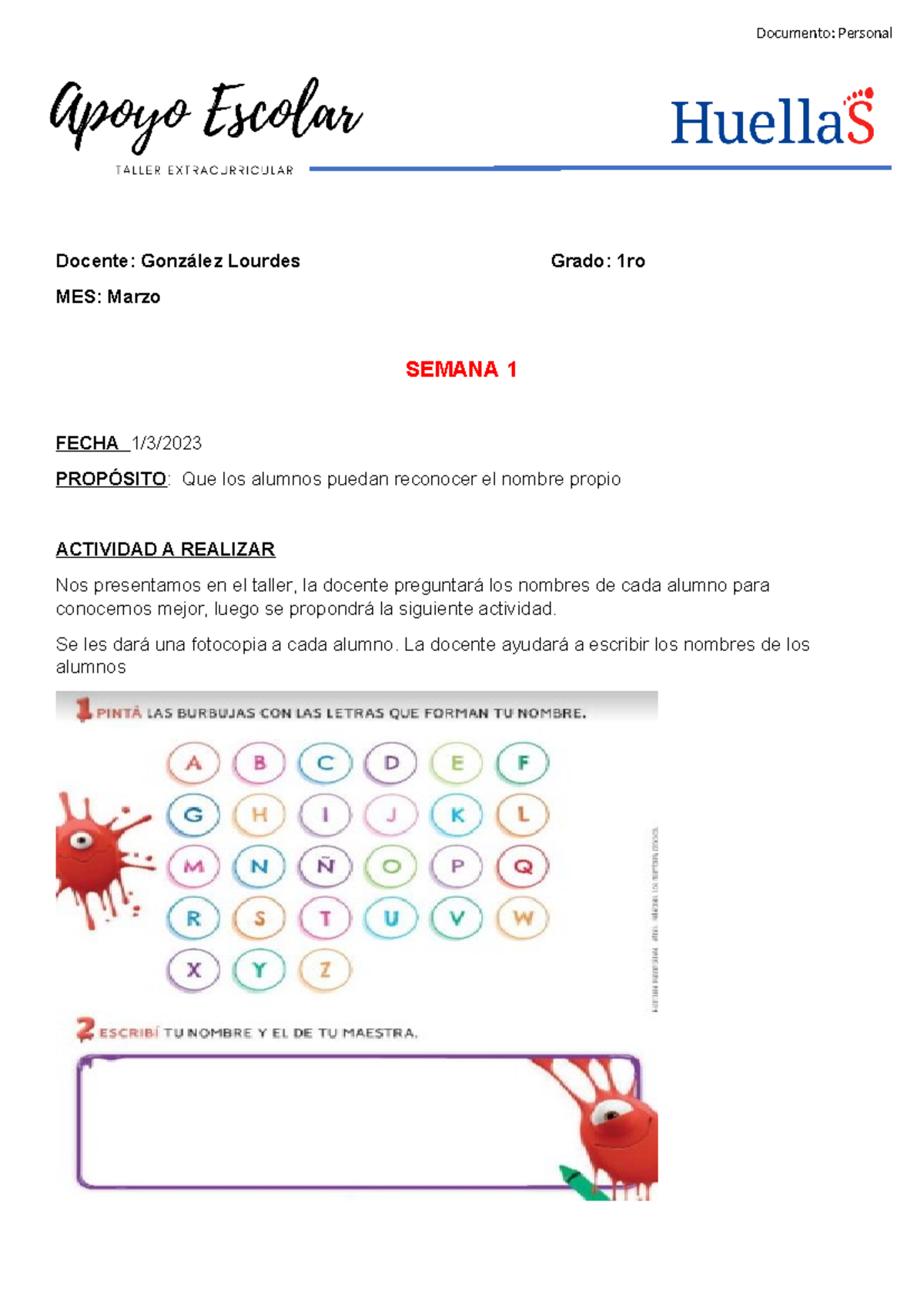 Copia de Carpeta DE Apoyo Marzo 1ERO - Docente: González Lourdes Grado ...