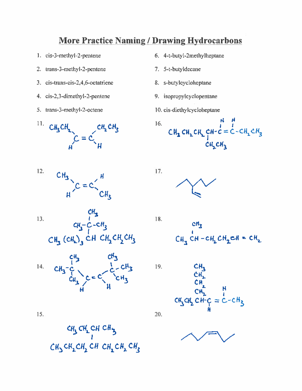 03e More Practice Naming & Drawing Hydrocarbons - 1027A - 6. 2. 7. 3. 8 ...