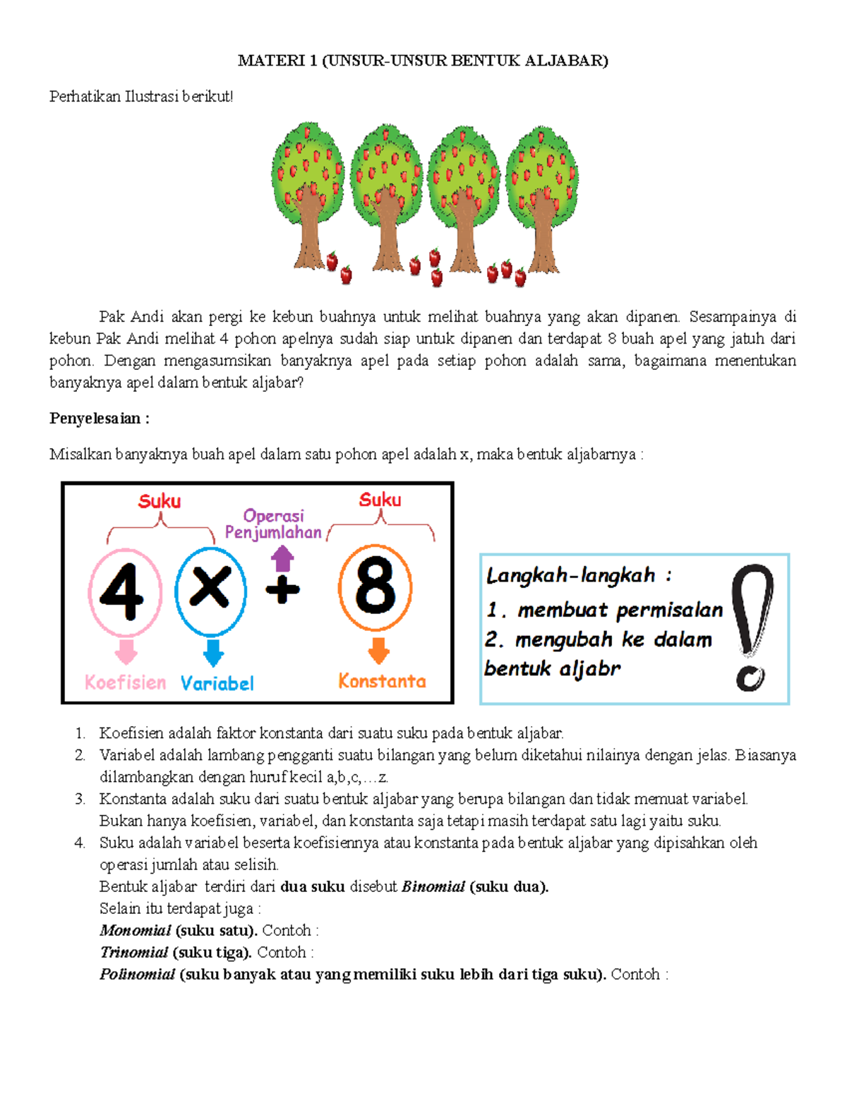Bahan Elmobar - MATERI 1 (UNSUR-UNSUR BENTUK ALJABAR) Perhatikan ...