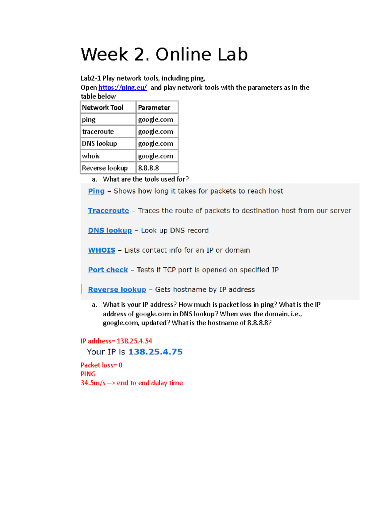 Lab 2 inclass compulsory - Week 2. Online Lab Lab2-1 Play network tools ...