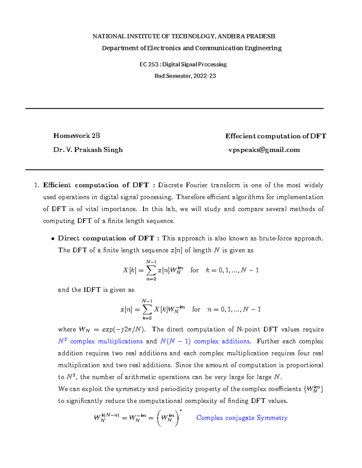 HW2B - AWTRRT - EC303 Odd 2020 Efficient computation of DFT : Discrete Fourier transform is one ...