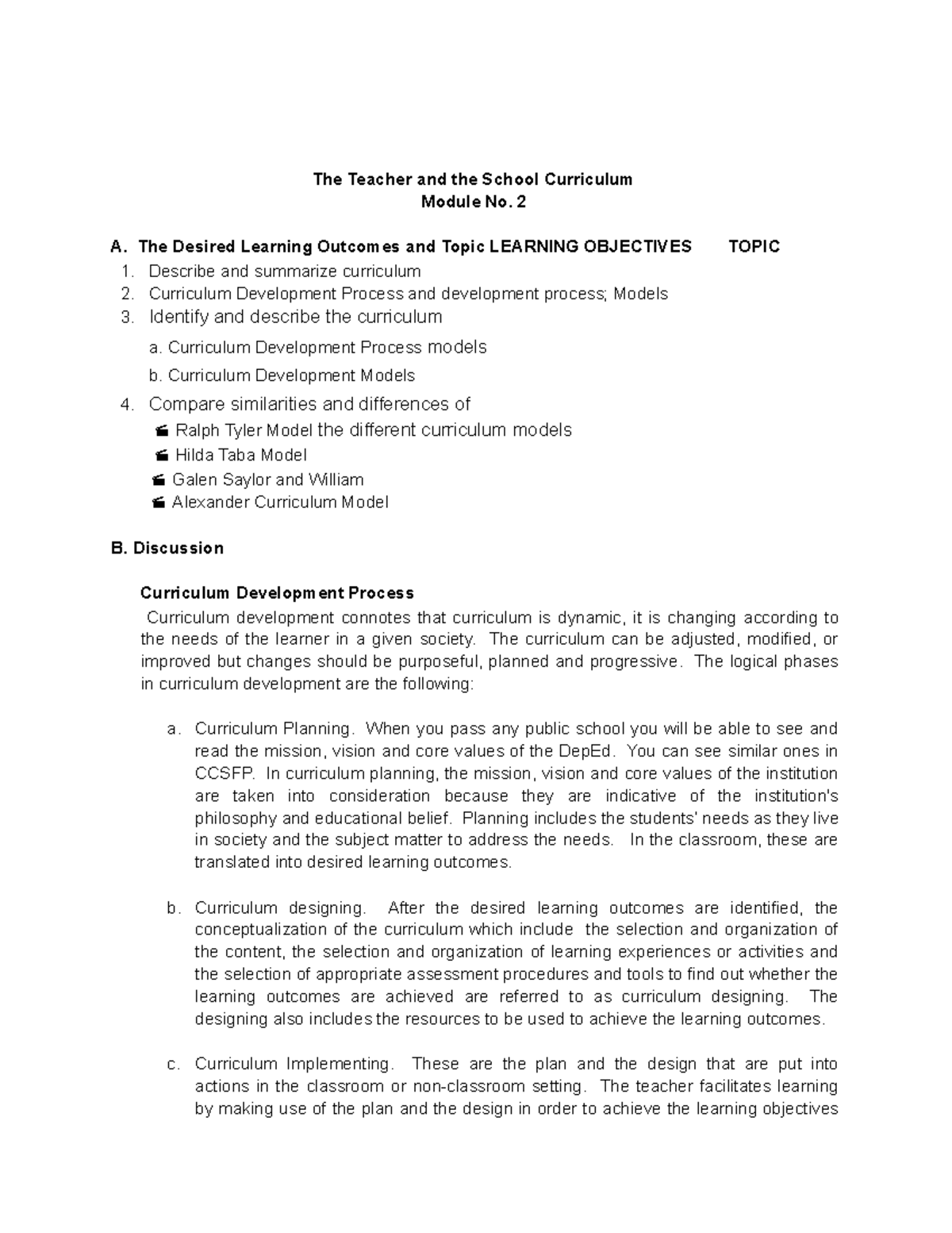 Module 1 - curriculum lecture - The Teacher and the School Curriculum ...