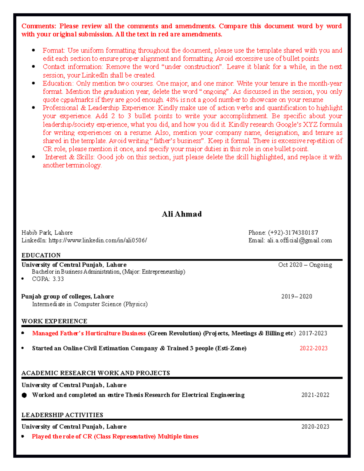 Ali Ahmad - Example - Comments: Please review all the comments and ...