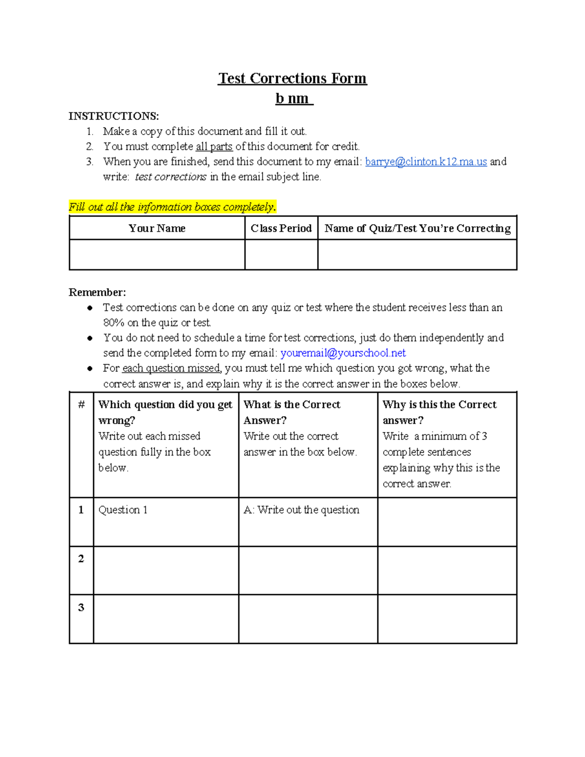 Jane Cairns - Copy of Test Corrections Form - Test Corrections Form b ...