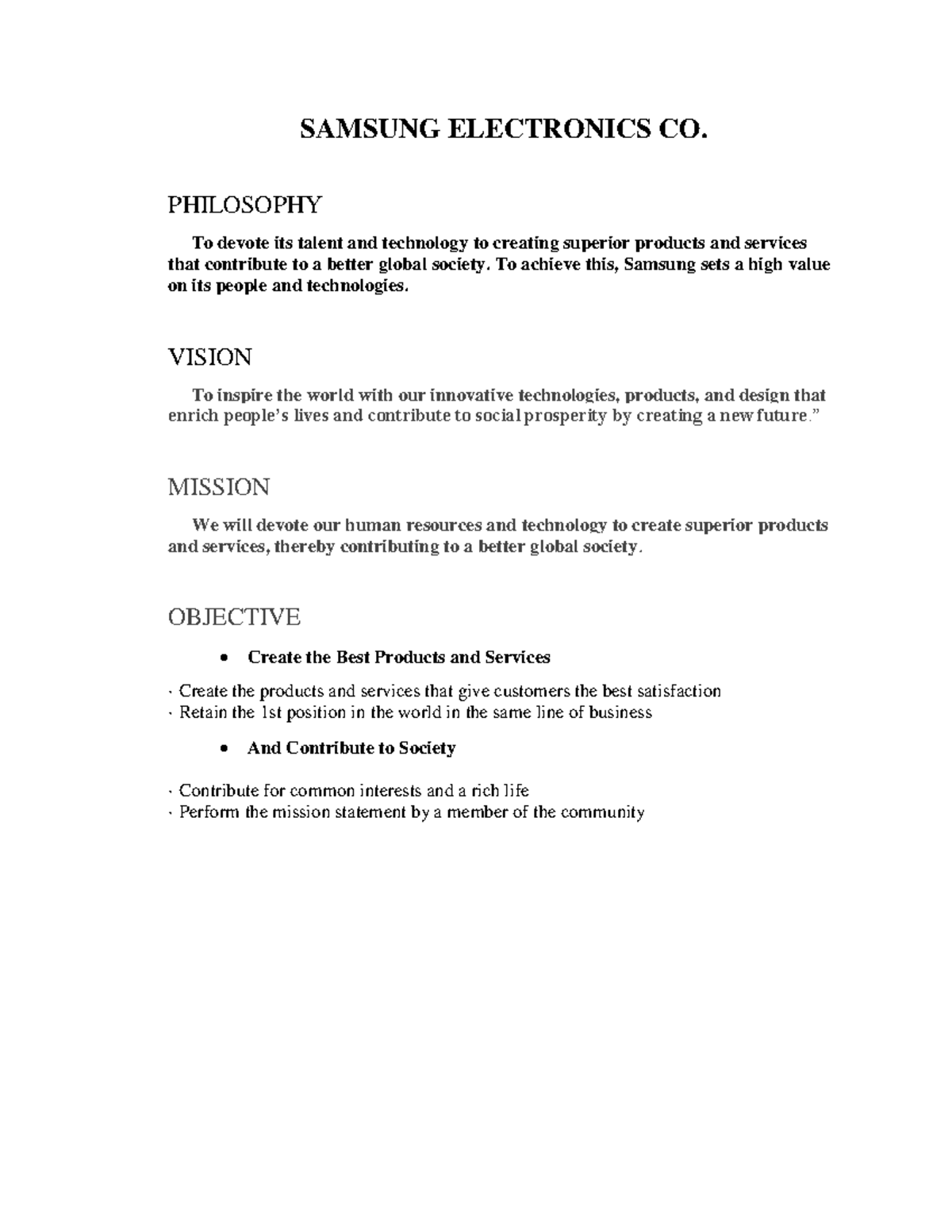 Samsung - SAMSUNG ELECTRONICS CO. PHILOSOPHY To devote its talent and ...