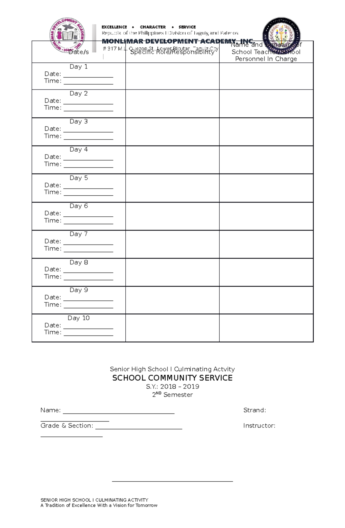 SHS Community Service Form - Date/s Specific Role/Responsibility Name ...