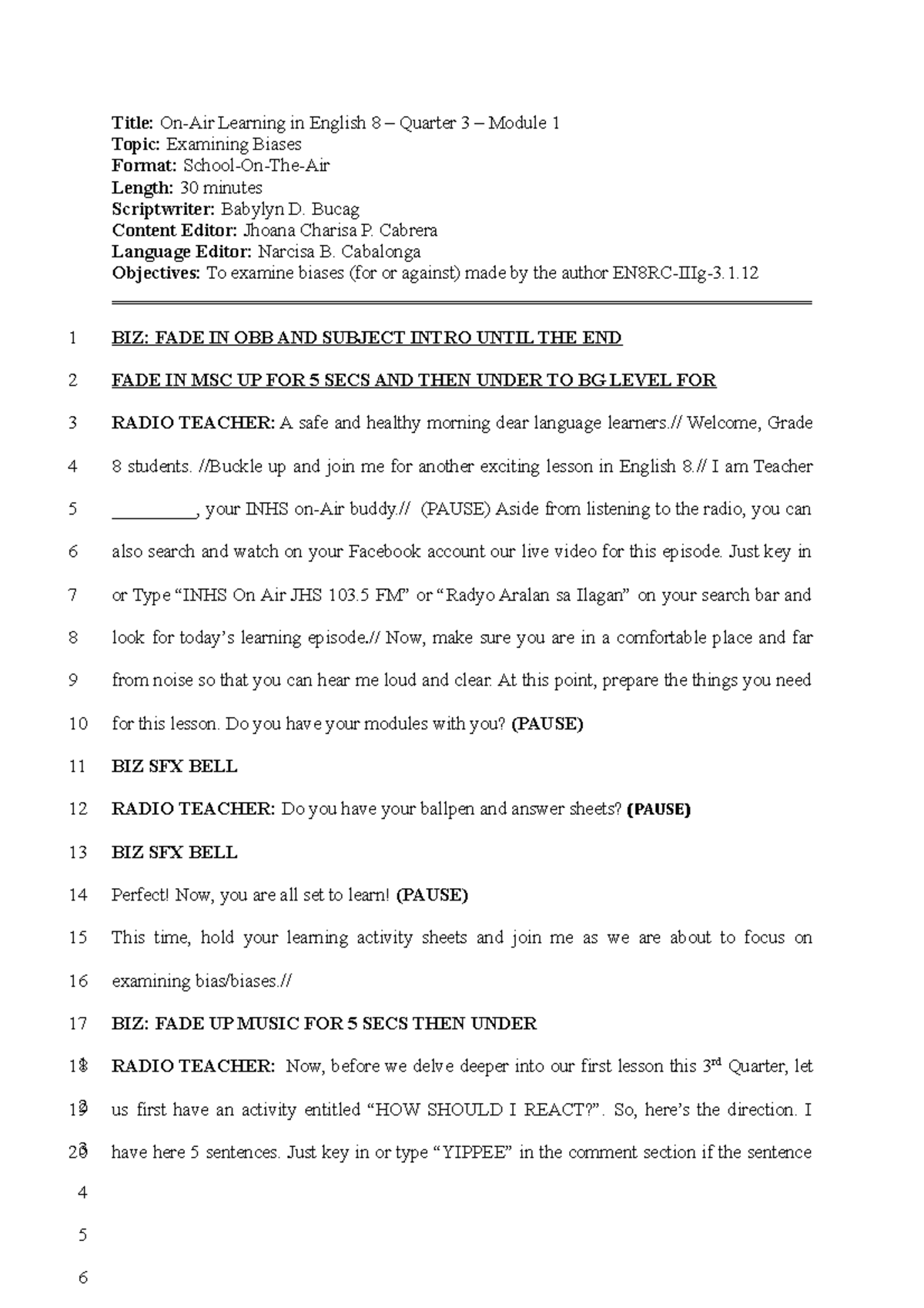 RBI English 8 Q3 Module 1 Script - Title: On-Air Learning in English 8 ...