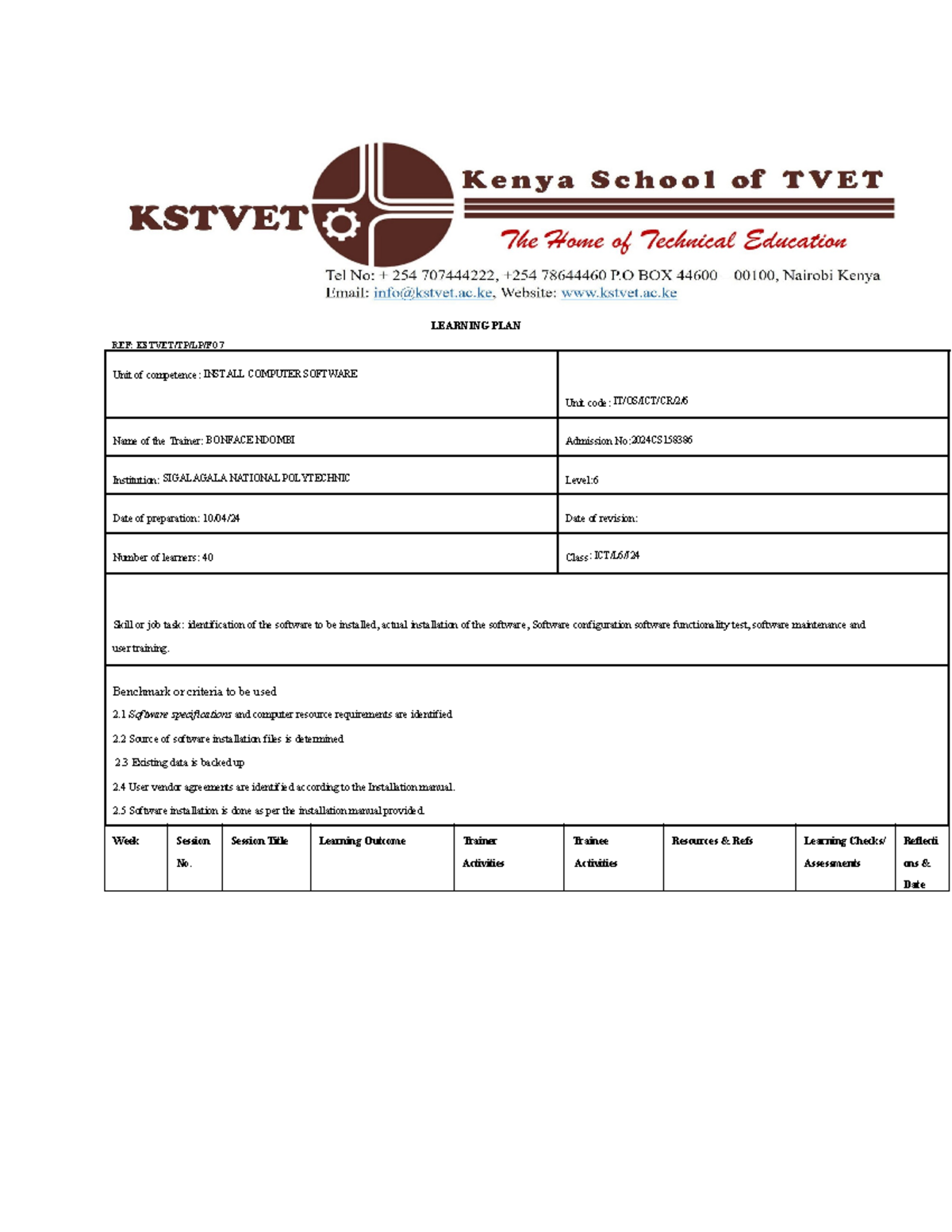 Learning PLAN 3 - LEARNING PLAN REF: KSTVET/TP/LP/FO Unit of competence ...