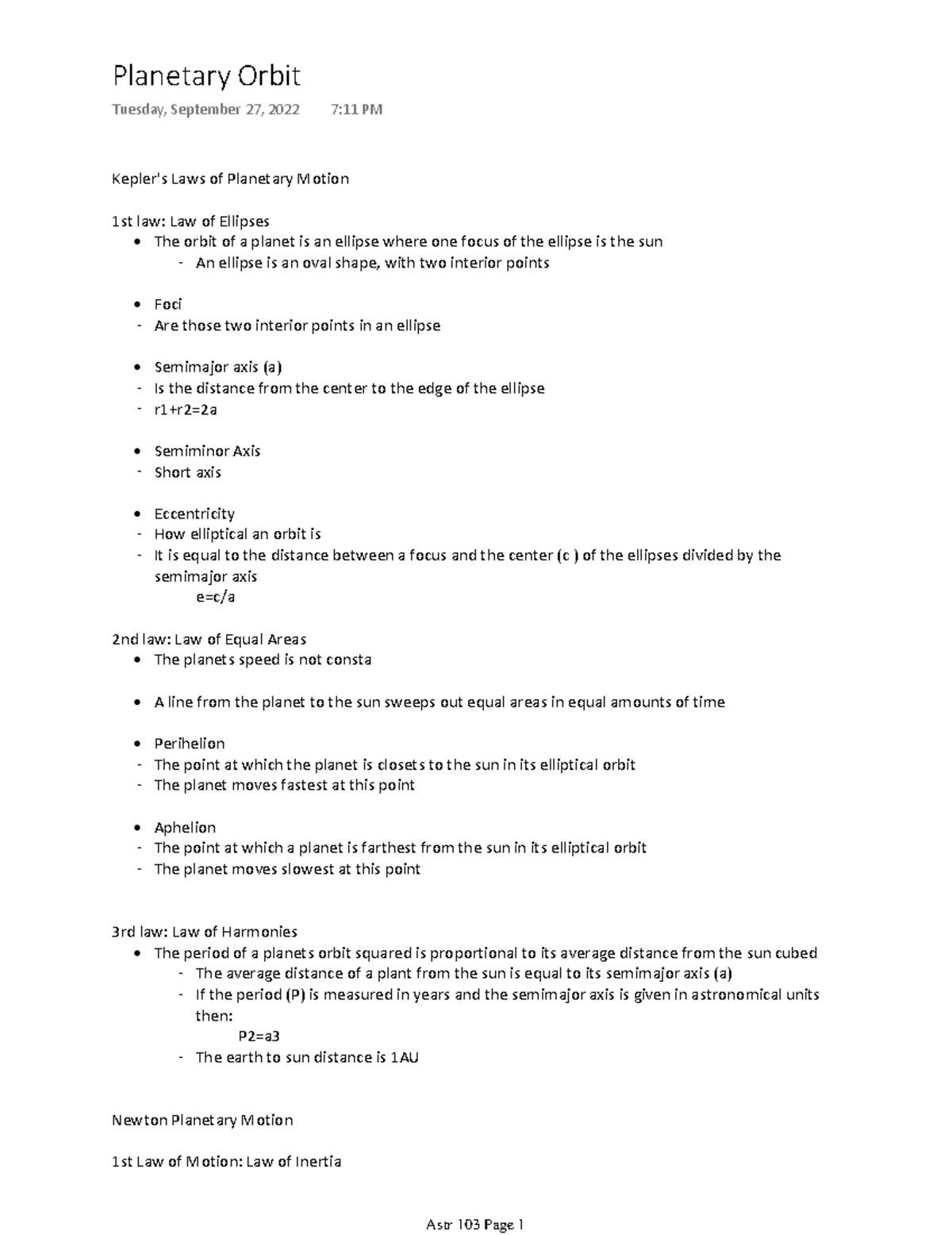 Planetary Orbit Model Notes - Kepler's Laws of Planetary Motion 1st law ...