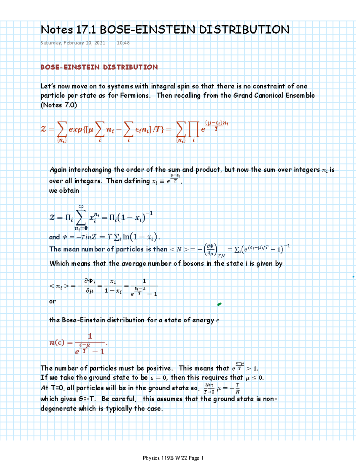 Notes 17.1 Bose-Einstein Distribution 12321 - BOSE-EINSTEIN ...