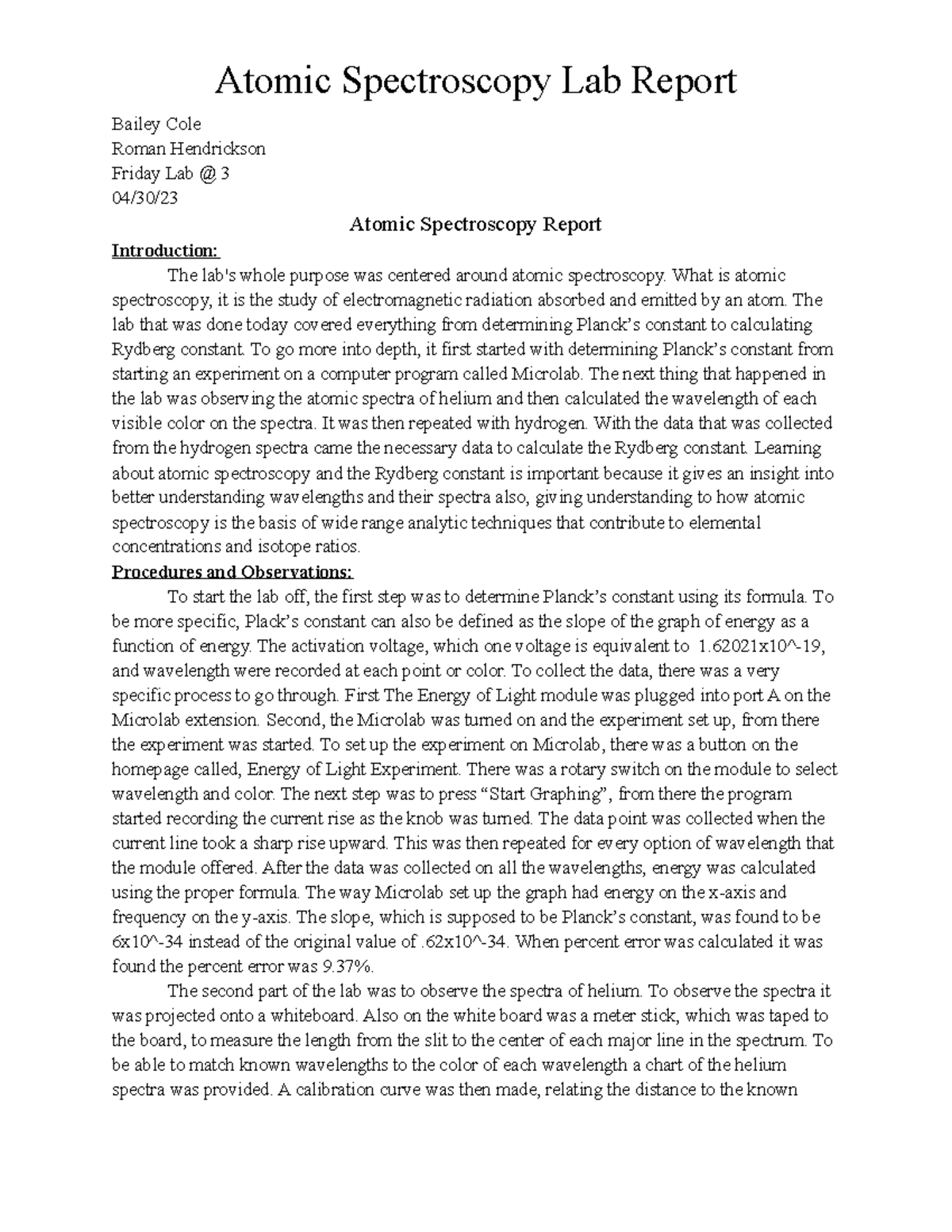 Atomic Spectroscopy Report - Bailey Cole Roman Hendrickson Friday Lab ...