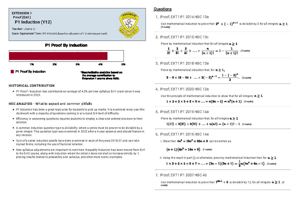 Smarter Maths Induction Extension 1 Proof Ext1 P1 Induction Y12