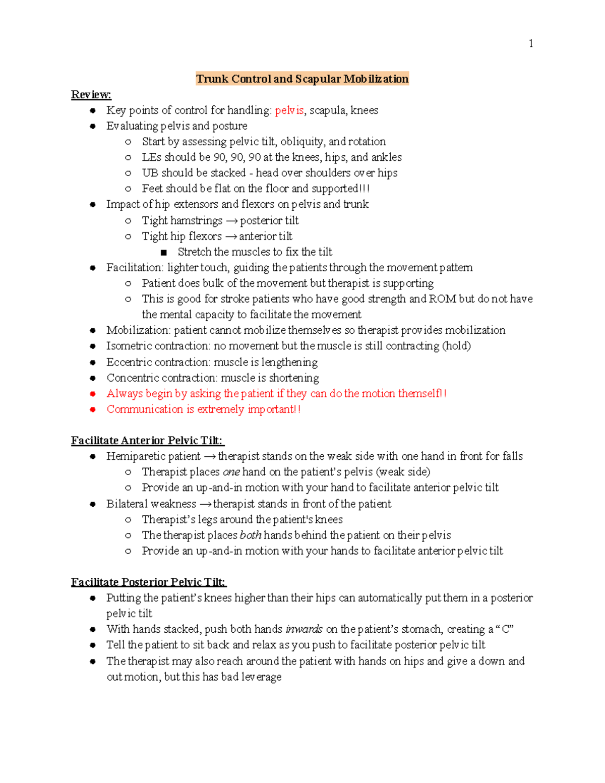 Lab 1 Trunk Control And Scapular Mobilization 1 Trunk Control And Scapular Mobilization