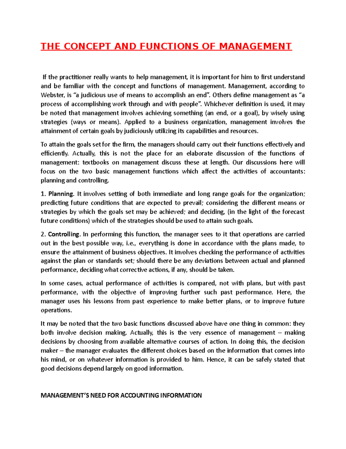 The Concept and Functions OF Management - THE CONCEPT AND FUNCTIONS OF ...