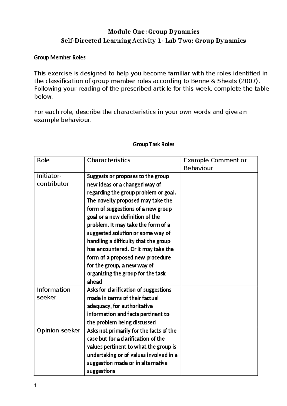 Group Member Role Descriptions - Module One: Group Dynamics Self ...