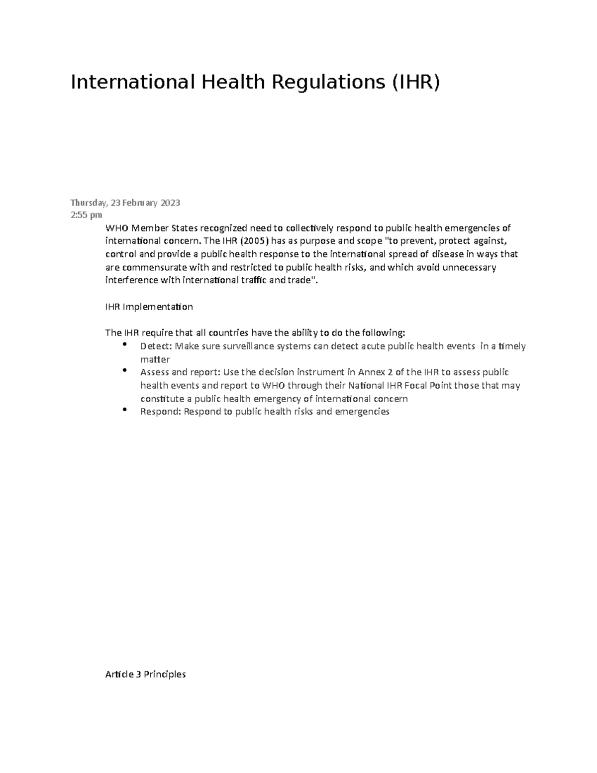 International Health Regulations - The IHR (2005) has as purpose and ...