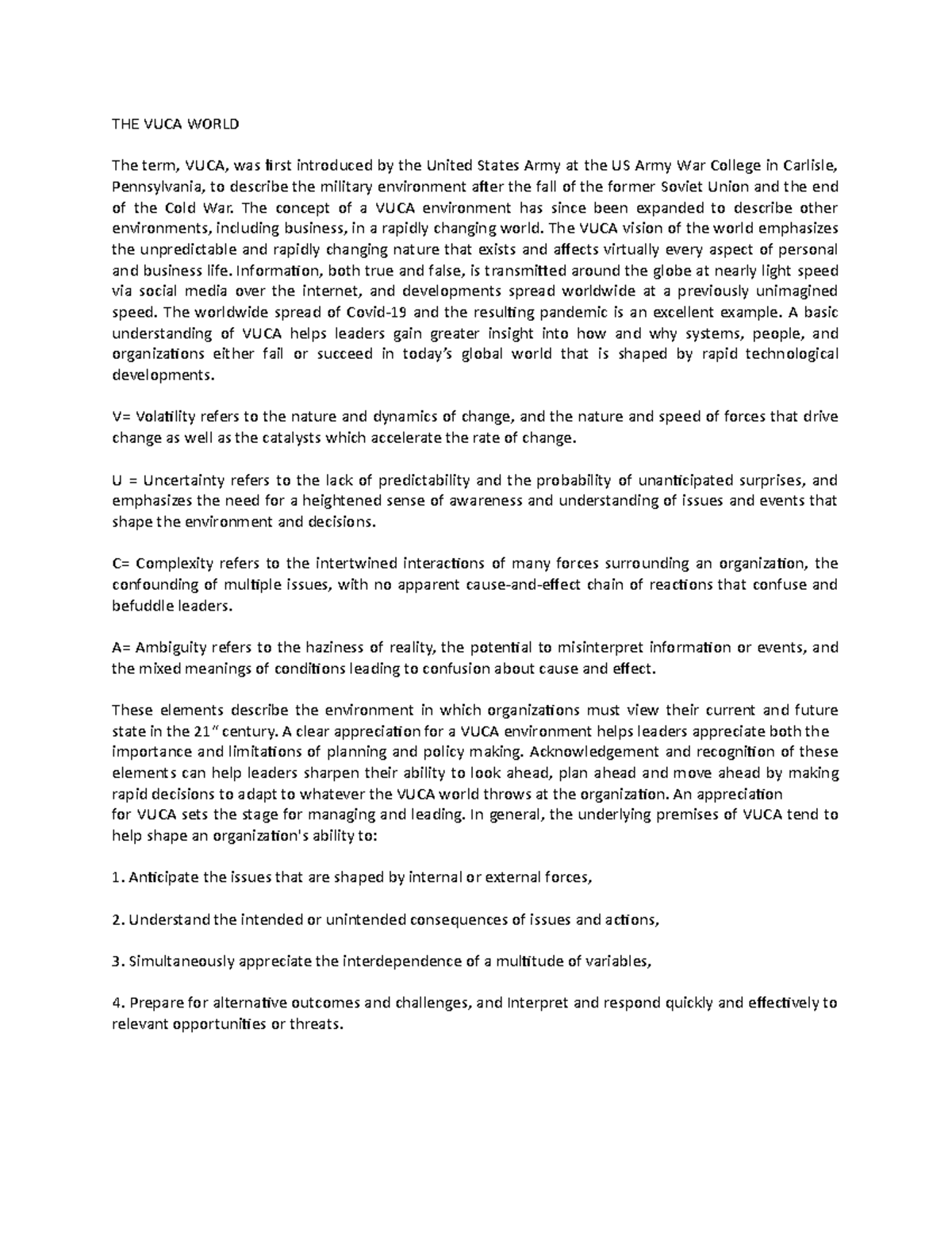 BD additional notes - THE VUCA WORLD The term, VUCA, was first ...