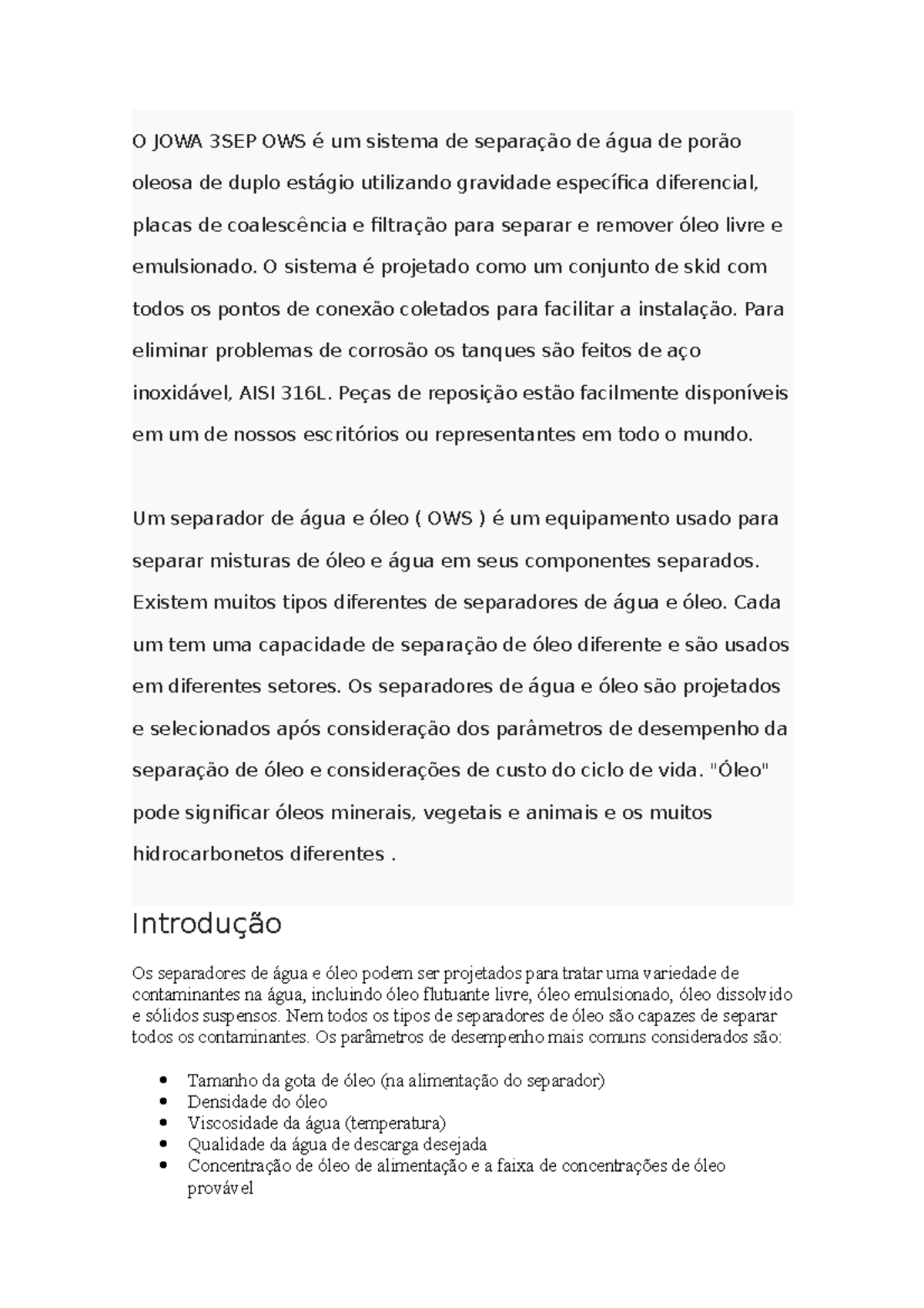 STAO - Material - O JOWA 3SEP OWS é um sistema de separação de água de ...