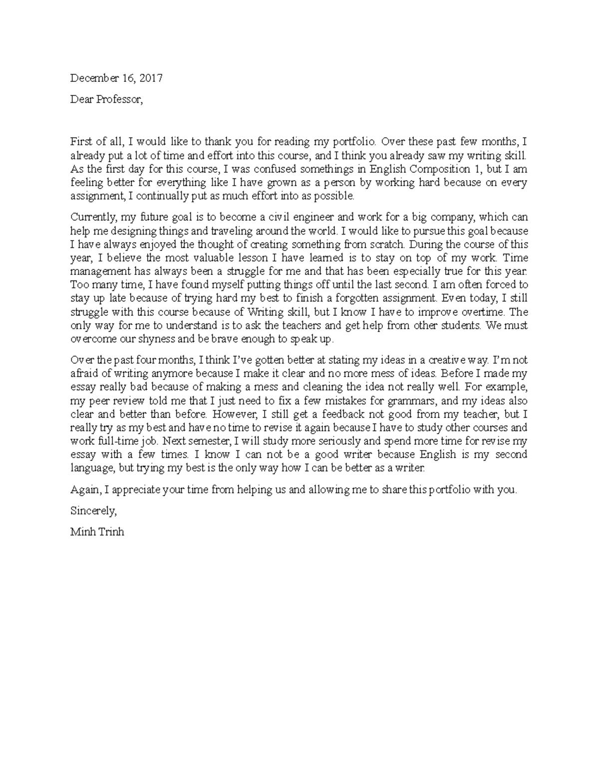 Cover Letter - Grade: A - December 16, 2017 Dear Professor, First of ...