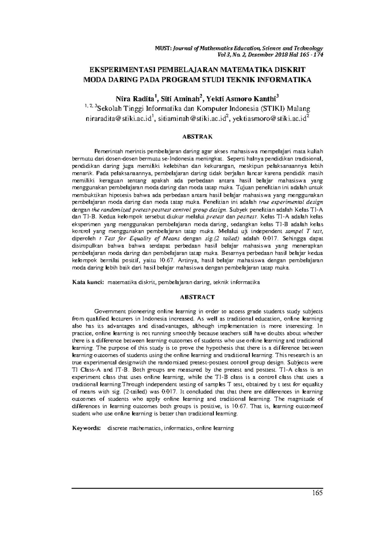 Eksperimentasi Pembelajaran Matematika Diskrit MODA Daring PADA Program ...