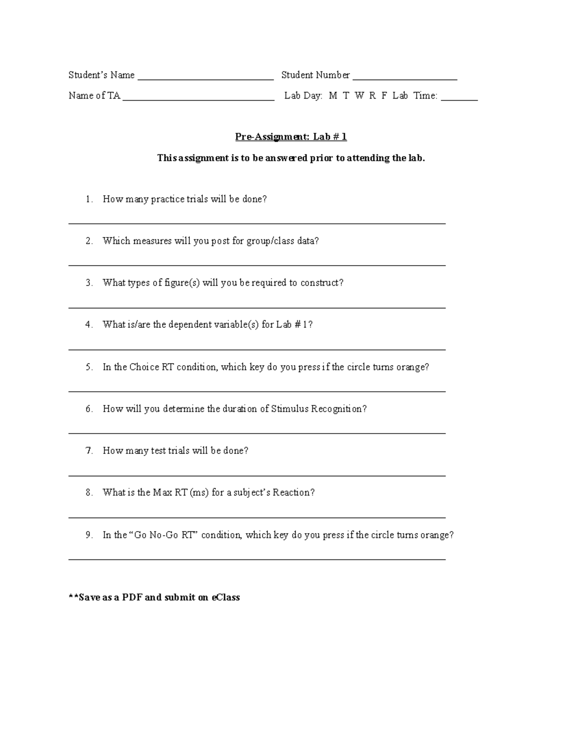 Lab 1 Pre-Lab Assignment - Student’s Name __________________________ Student Number - Studocu