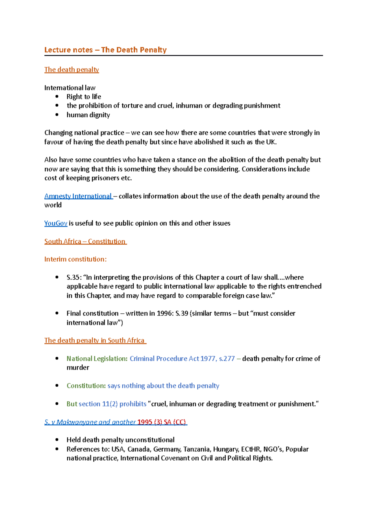 (1) Lecture Notes - Lecture notes – The Death Penalty The death penalty ...