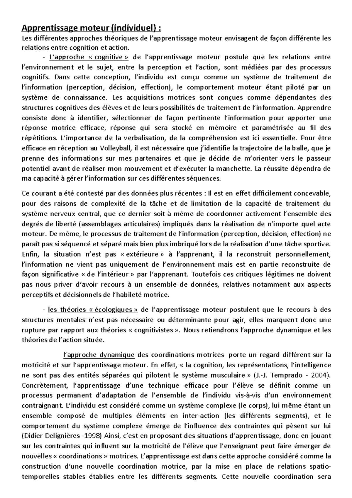 Apprentissages en EPS - Apprentissage moteur (individuel) : Les ...