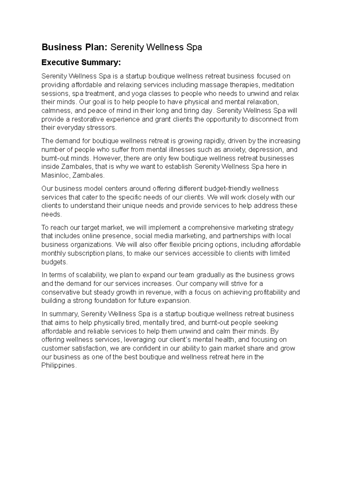 Business Plan - Our goal is to help people to have physical and mental ...