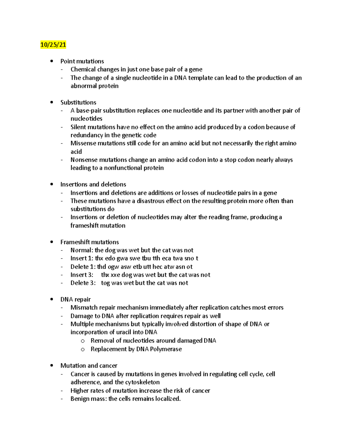 Bio notes 28 - 10/25/ Point mutations - Chemical changes in just one ...
