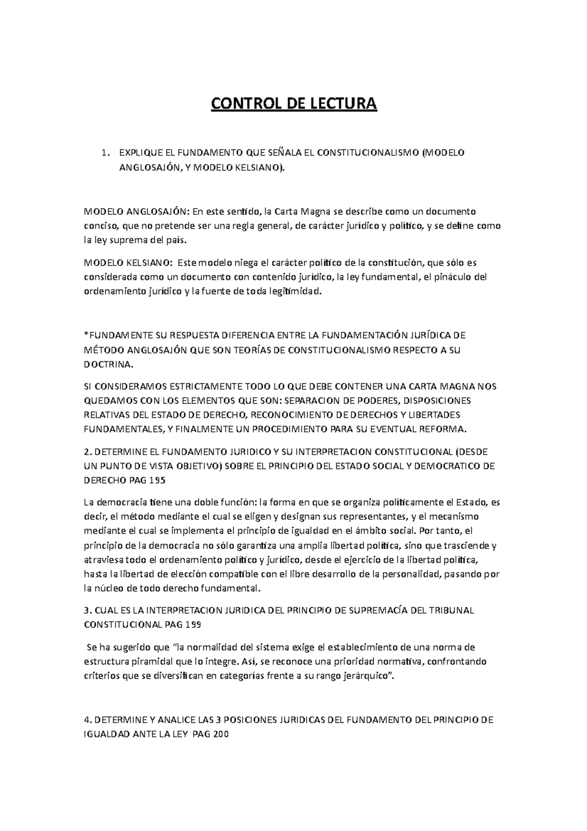 Control DE Lectura - Derecho Constitucional - CONTROL DE LECTURA 1. EXPLIQUE EL FUNDAMENTO QUE ...