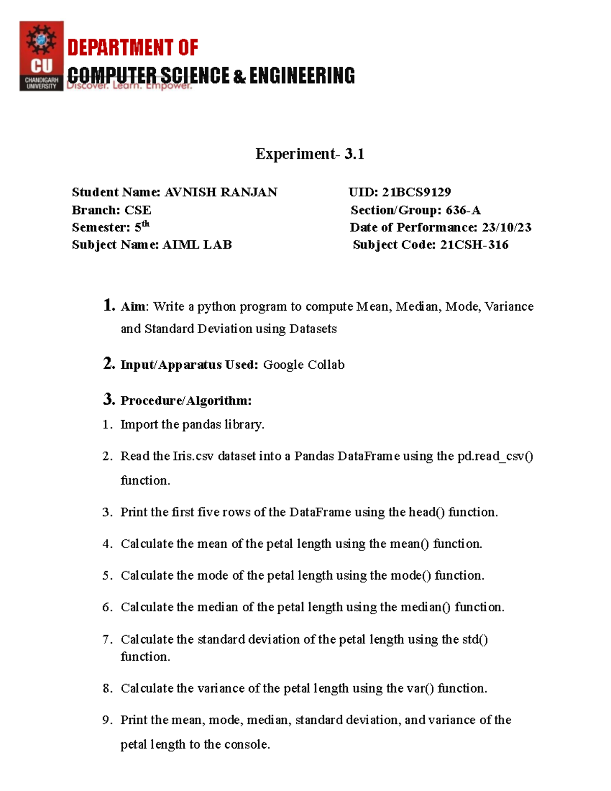 EXP=3 - Aiml - DEPARTMENT OF COMPUTER SCIENCE & ENGINEERING Experiment ...