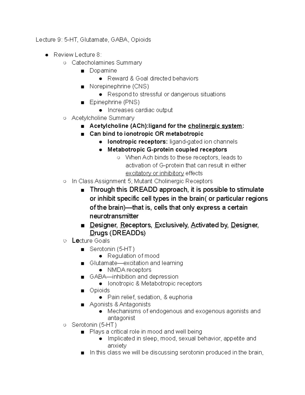 PSY209;Lecture 9 - Brain and Behavior Lecture with Jenna Lee - Lecture 9: 5-HT, Glutamate, GABA ...