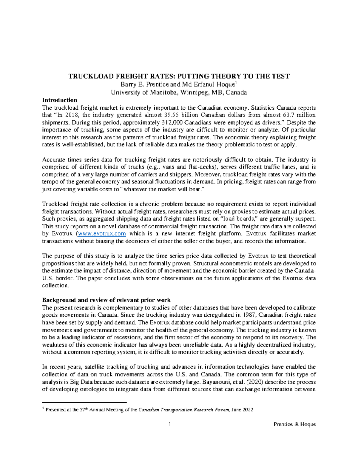Case 5 - Prentice Hoque 2022 - TRUCKLOAD FREIGHT RATES: PUTTING THEORY ...