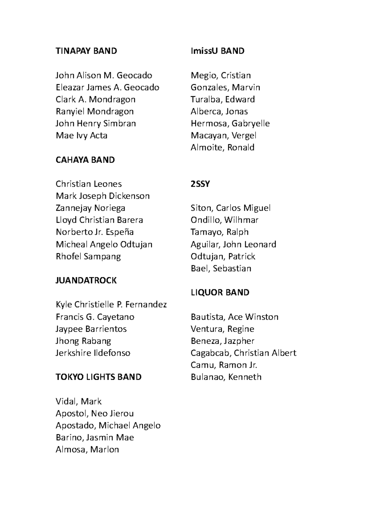 LIST OF Bands - module - TINAPAY BAND John Alison M. Geocado Eleazar ...